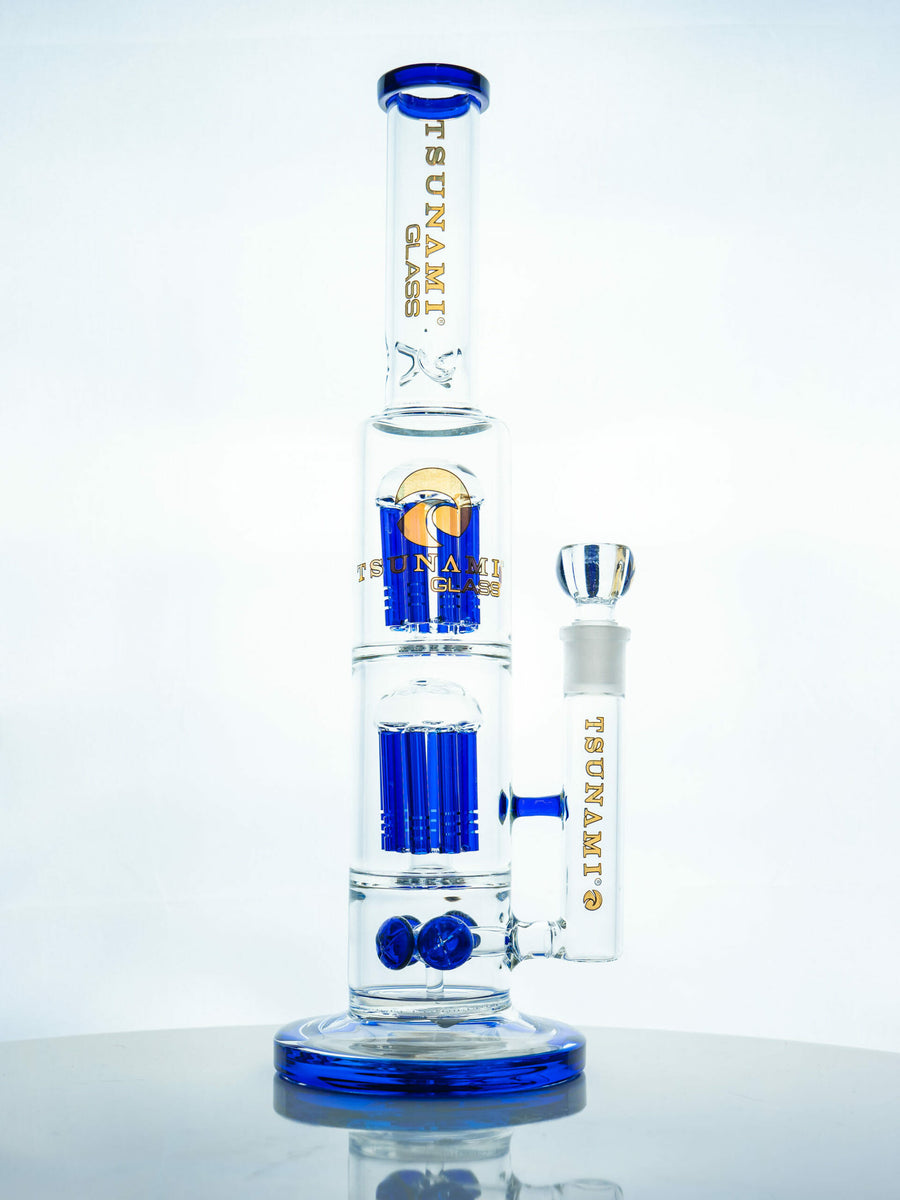 Tsunami 15″ Button Double 8 Arm Tree Perc Glass Water Pipe - Blue ...